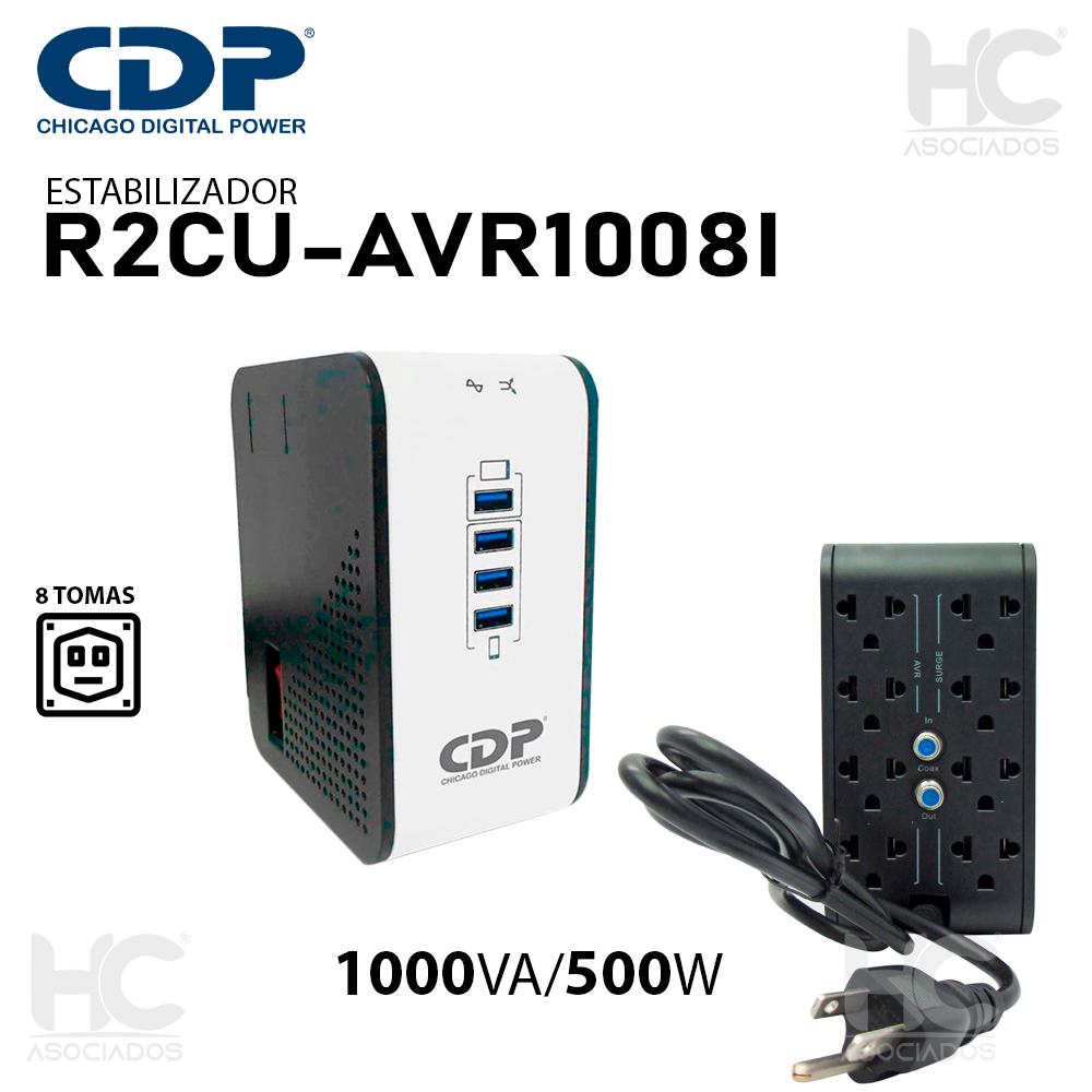 ESTABILIZADOR CDP 8 TOMAS + 4 PUERTOS USB (R2CU-AVR1008I) INDICADOR LED / 1000VA / 500W / CAJA ...